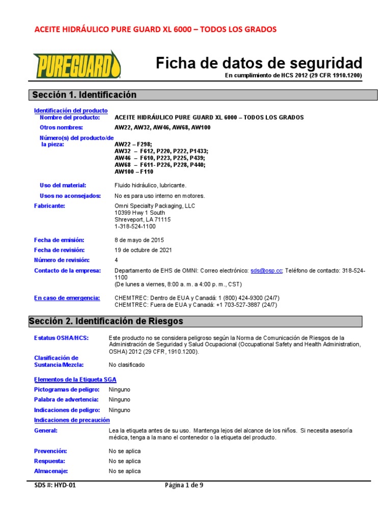 Aceite Hidráulico Pure Guard XL 6000 | PDF