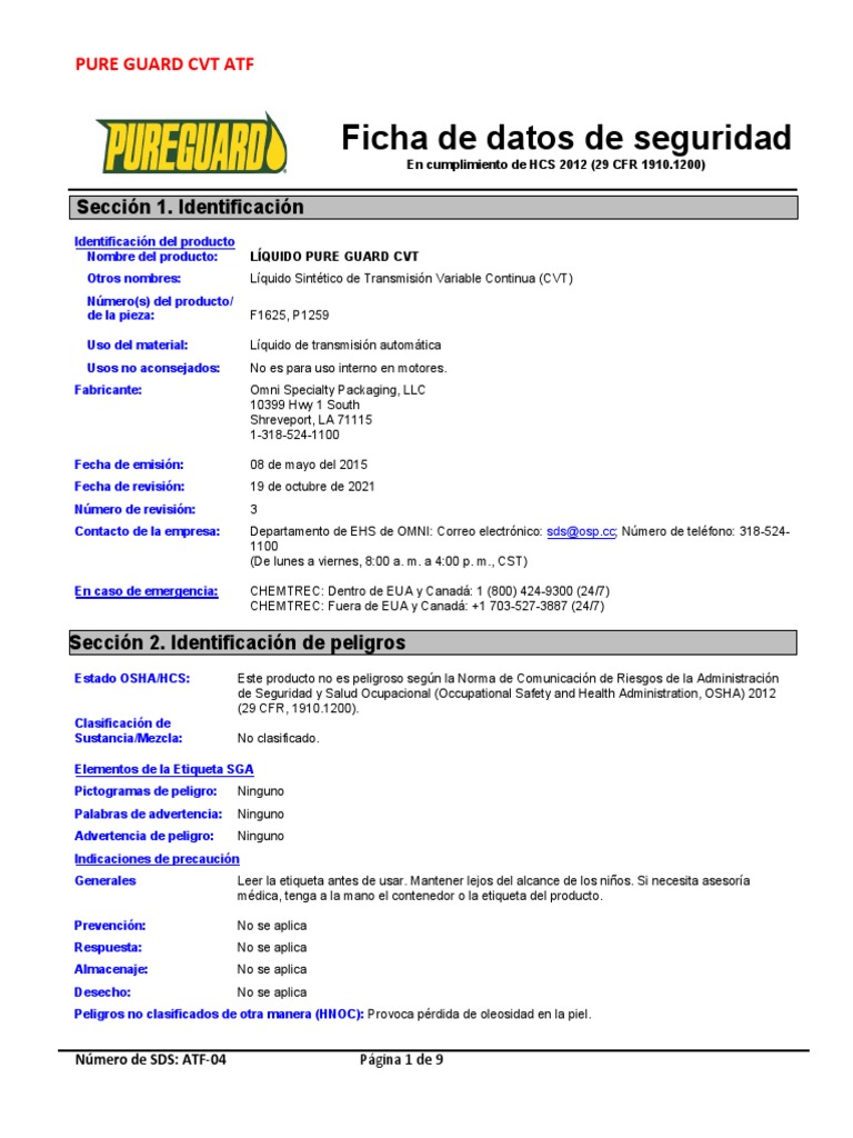 Líquido Pure Guard CVT | PDF | Reciclaje | Agua