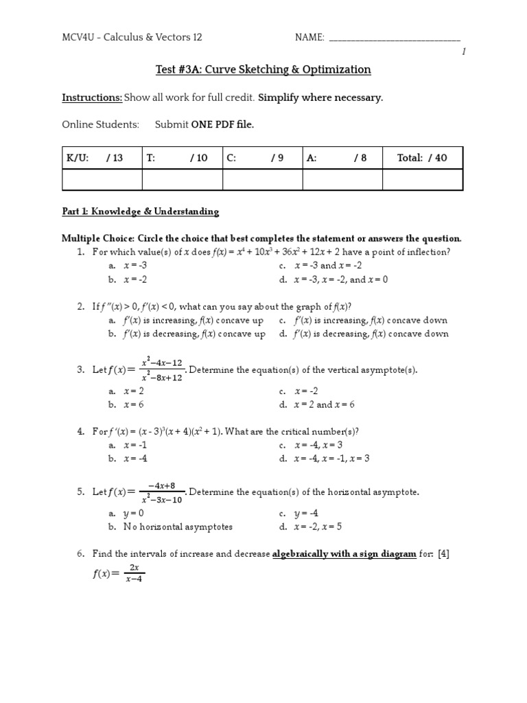 MCV4U Test#3A - Curve Sketching | PDF