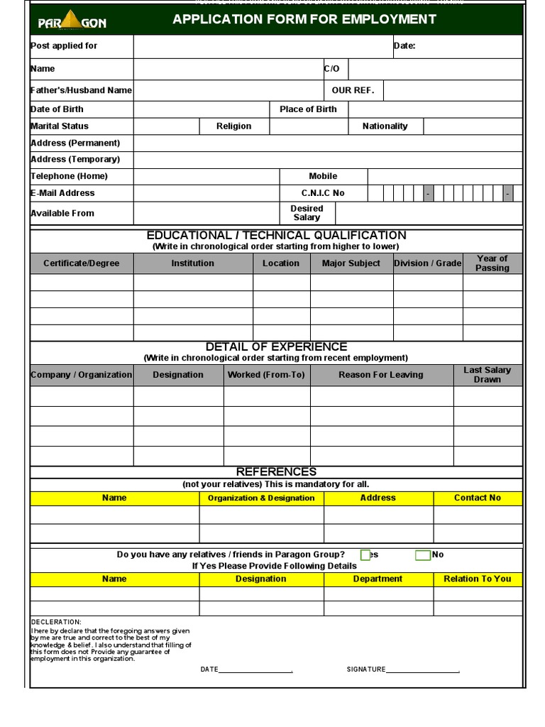 Paragon - Employment Form | PDF