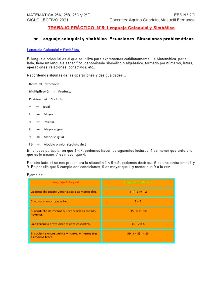 Matemática 2A, 2B, 2C, 2D - TRABAJO PRÁCTICO N°5 Lenguaje Coloquial y ...