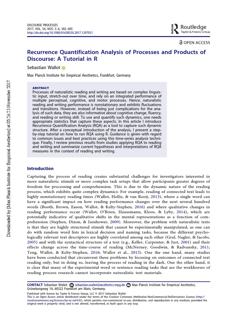 Recurrence Quantification Analysis of Processes and Products of Discourse: A Tutorial in R | PDF ...