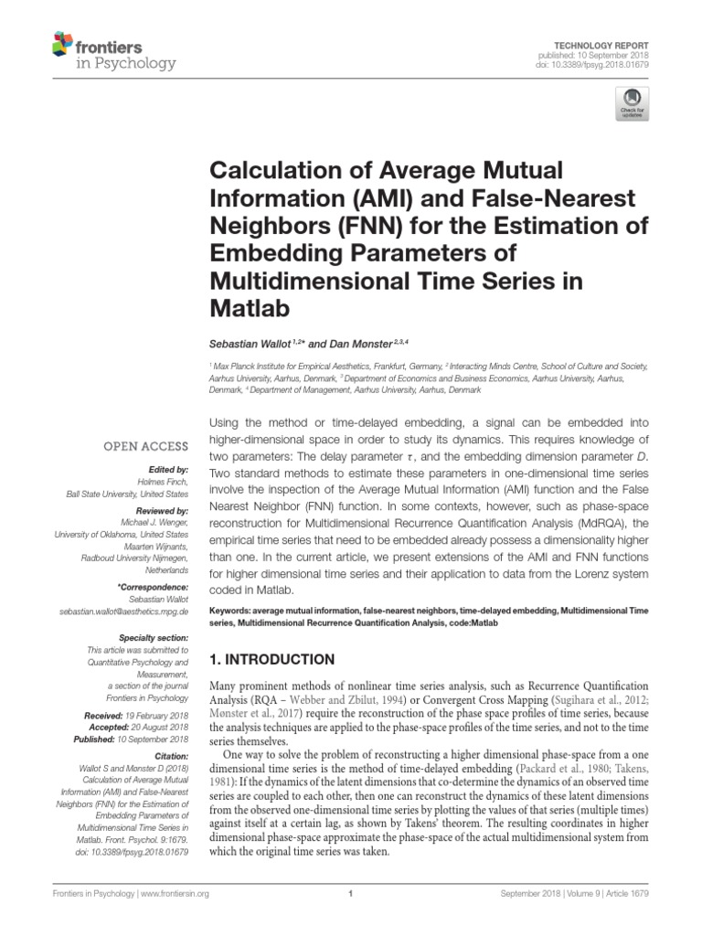 Calculation of Average Mutual Information (AMI) and False-Nearest Neighbors (FNN) For The ...
