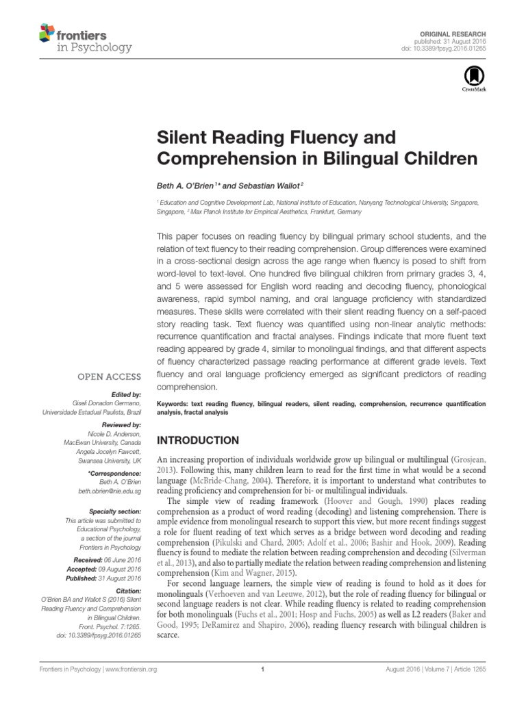 Silent Reading Fluency and Comprehension in Bilingual Children | PDF ...