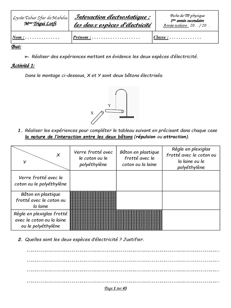 Fiches de TP Physique 1ère Année Toute L'année | PDF | Courant électrique | Tension électrique