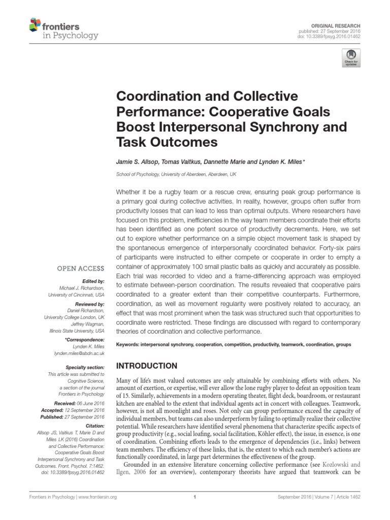 Allsop - 2016 - Coordination and Collective Performance: Cooperative Goals Boost Interpersonal ...