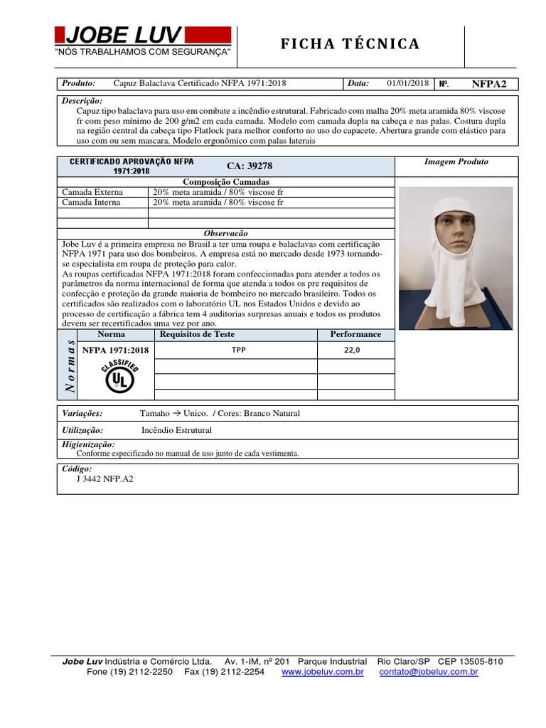 Ficha Tecnica Balaclava 3442.NFP.A2 | PDF