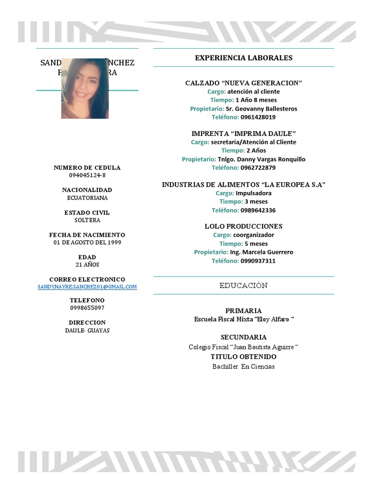 Currículum de Sandy Nayre Sánchez | PDF