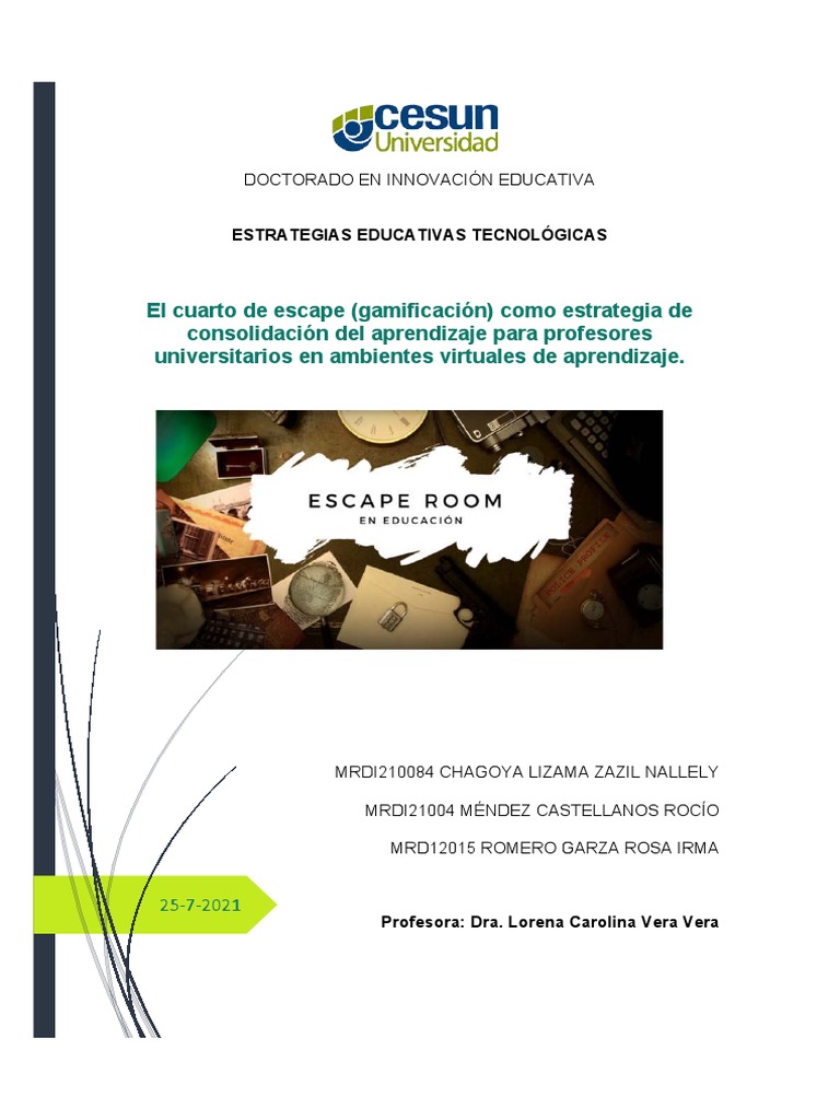 El Cuarto de Escape (Gamificación) - Trabajo de Clase | PDF | Método de enseñanza | Aprendizaje