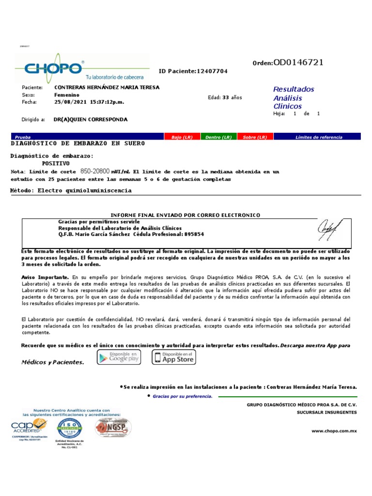 Laboratorios Chopo Análisis Clínico Prueba de Embarazo | PDF | Diagnostico medico | Laboratorios