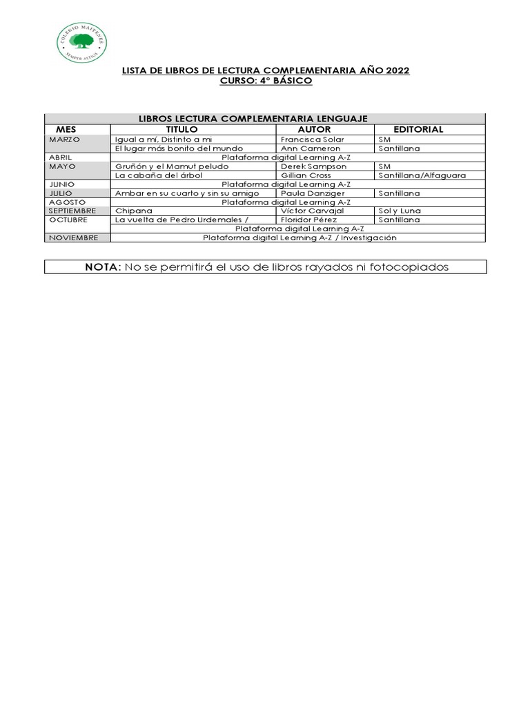 Lista de Libros Lectura Complementaria 4° Basico | PDF