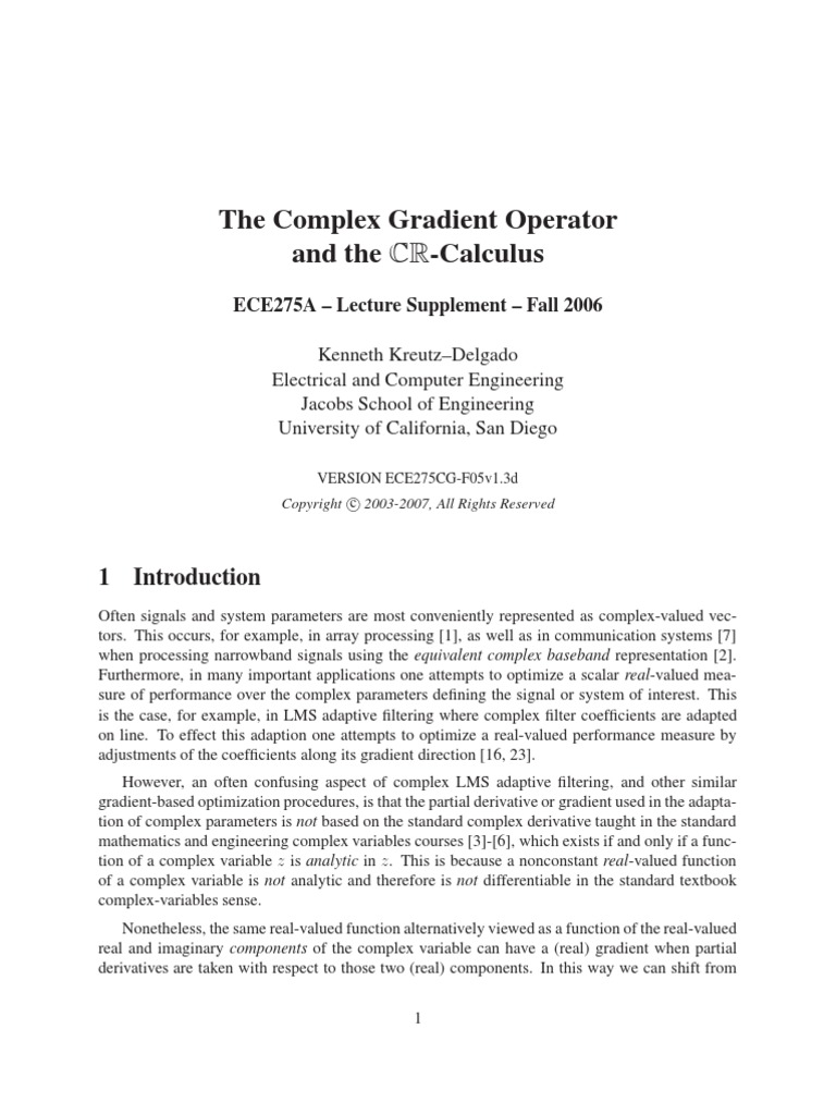 The Complex Gradient Operator and The: CR-Calculus | PDF | Holomorphic ...