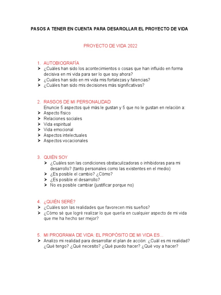 Pasos A Tener en Cuenta para Desarollar El Proyecto de Vida | PDF