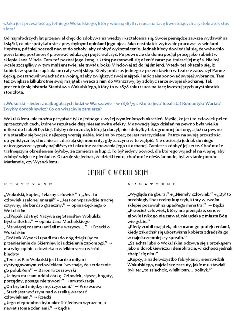 Lalka - Wokulski, Notatki | PDF