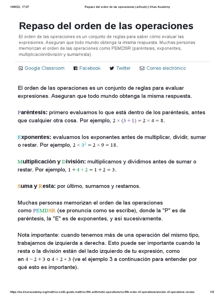 Repaso Del Orden de Las Operaciones (Artículo) - Khan Academy | PDF ...