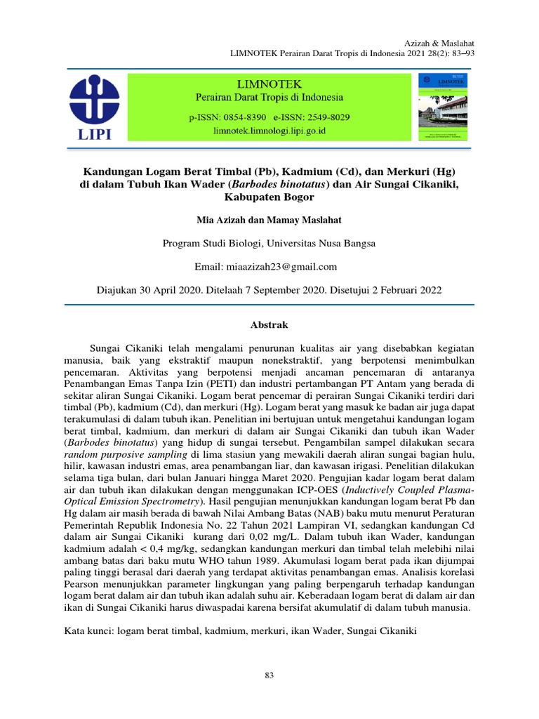 Kandungan Logam Berat Timbal (PB), Kadmium (CD), Dan Merkuri (HG) Di ...