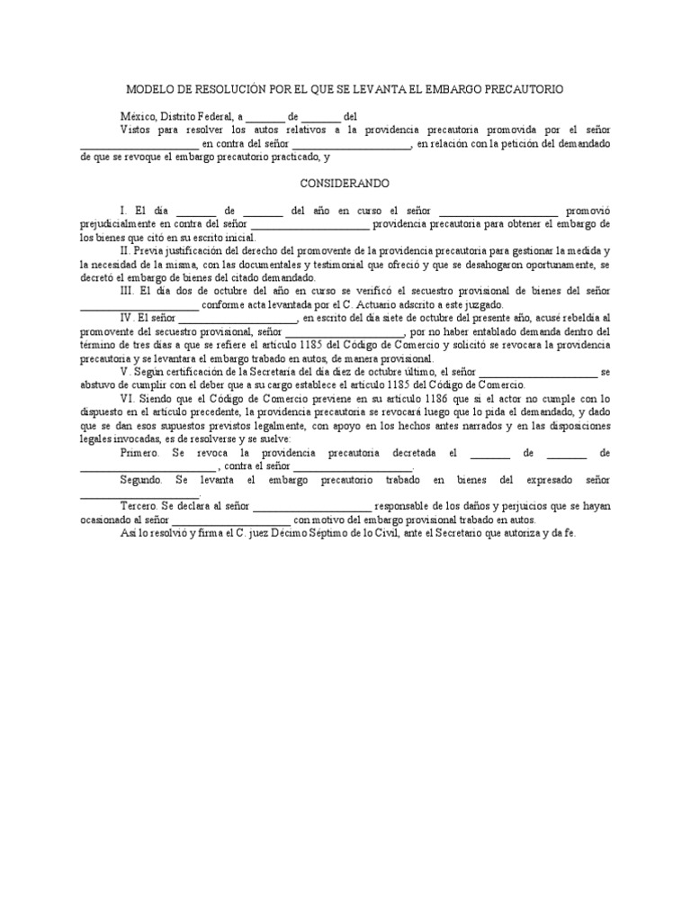 Modelo de Resolución Por El Que Se Levanta El Embargo Precautorio | PDF ...