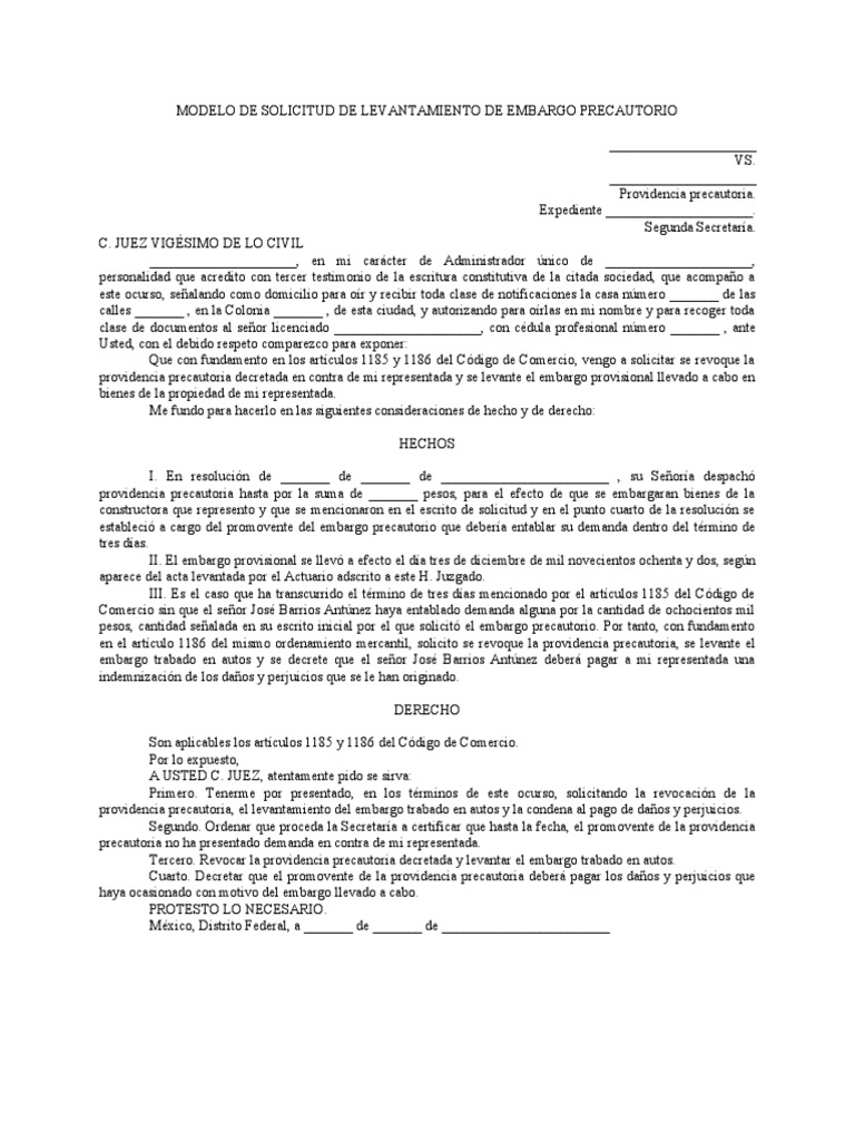 Modelo de Solicitud de Levantamiento de Embargo Precautorio | PDF ...