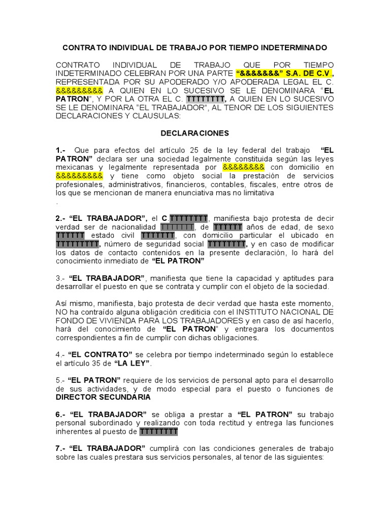 CONTRATO INDETERMINADO Machote | PDF | Salario | Tiempo de trabajo