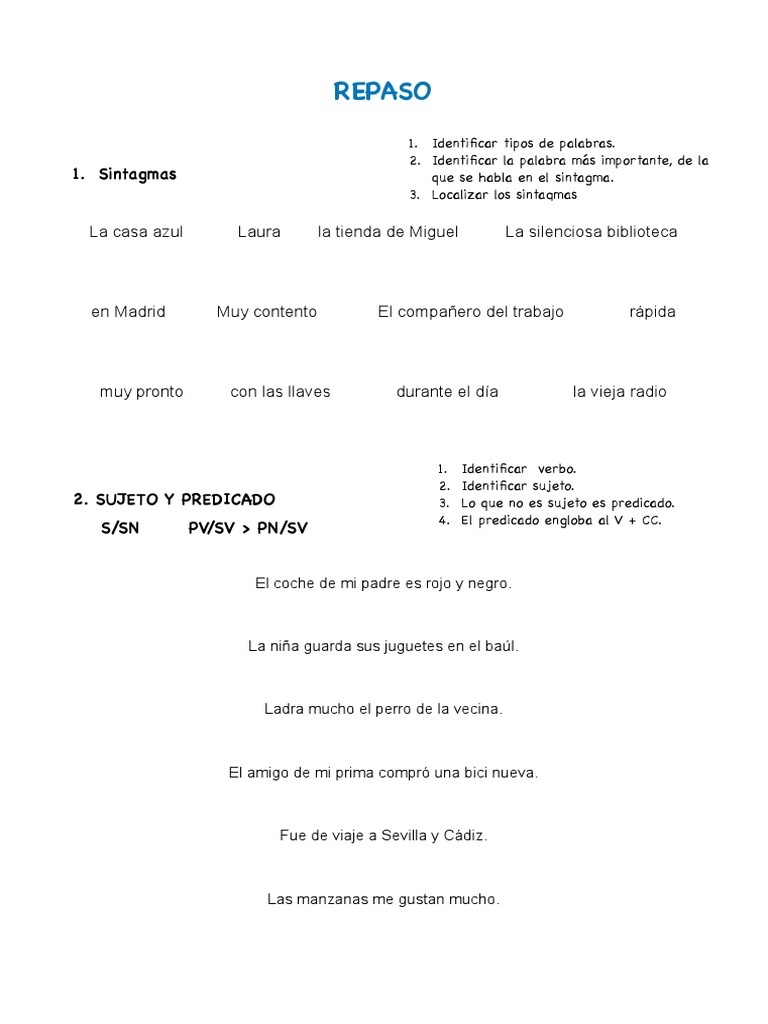 Repaso Sintaxis 2ºESO | PDF | Predicado (Gramática) | Asunto (gramática)
