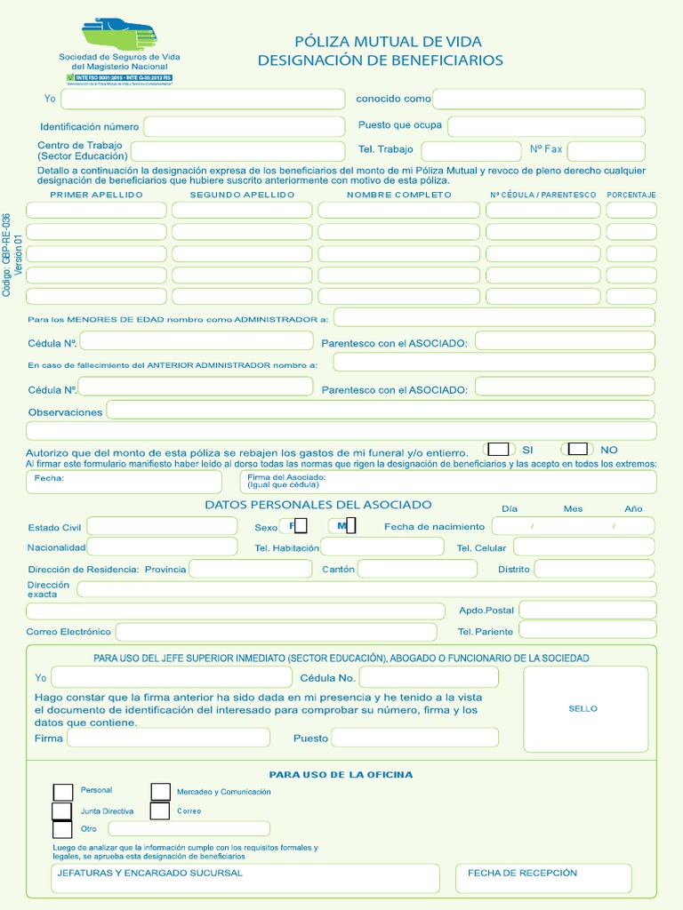 Formulario Designacion de Beneficiarios | PDF | Póliza de seguros | Seguro de vida