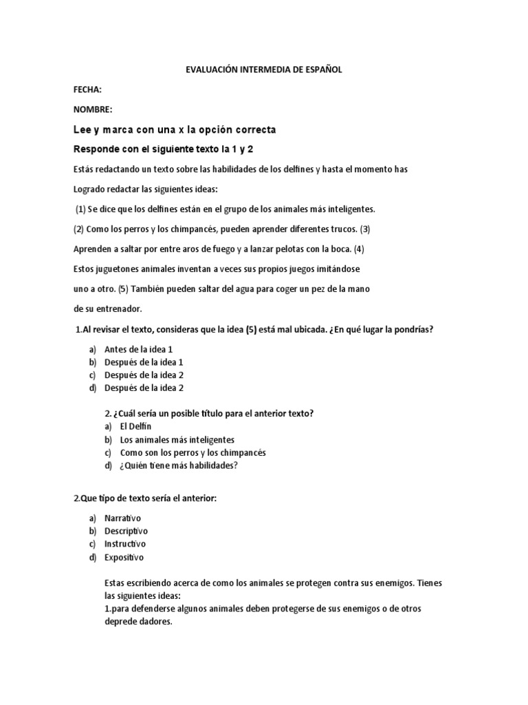 Evaluación Intermedia de Español | PDF