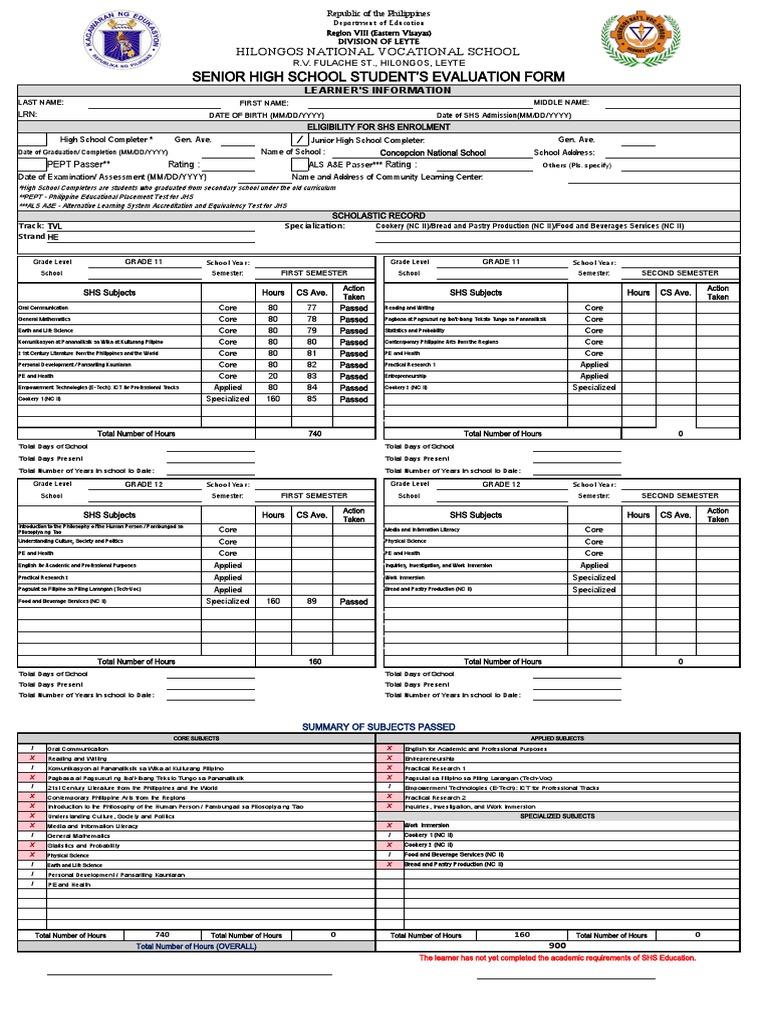 Shs Evaluation Form TVL He Cookery | PDF | Middle Schools | Schools