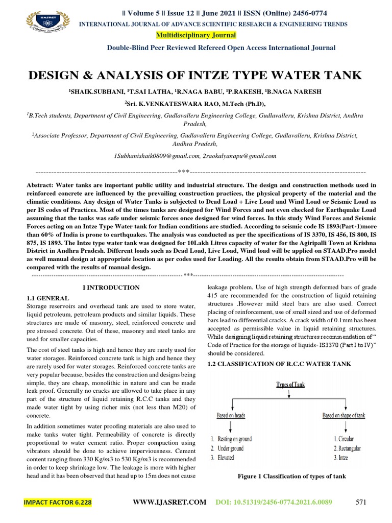 Civil Engineering Water Tank Design | PDF