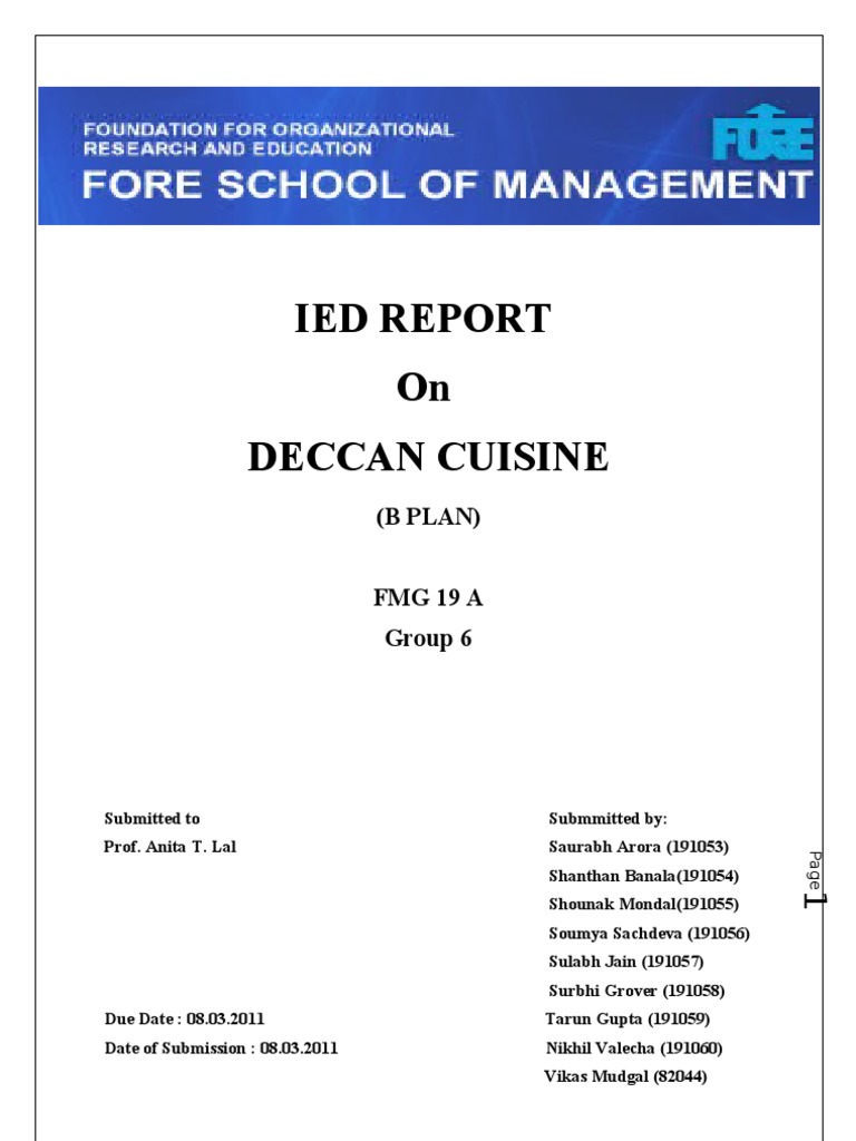 Ied Report On Deccan Cuisine: (B Plan) | PDF | Restaurants | Chef
