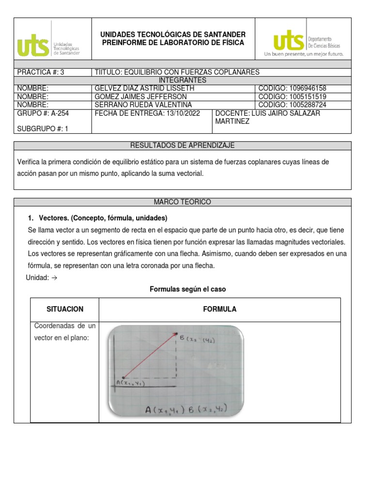 Preinforme Fuerzas Coplanares | PDF | Vector Euclidiano | Fuerza