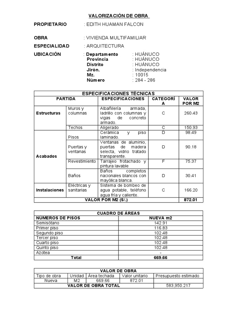 Valorización Del Inmueble Segun Cuadro de Valores Unitarios | PDF | Construyendo tecnología ...