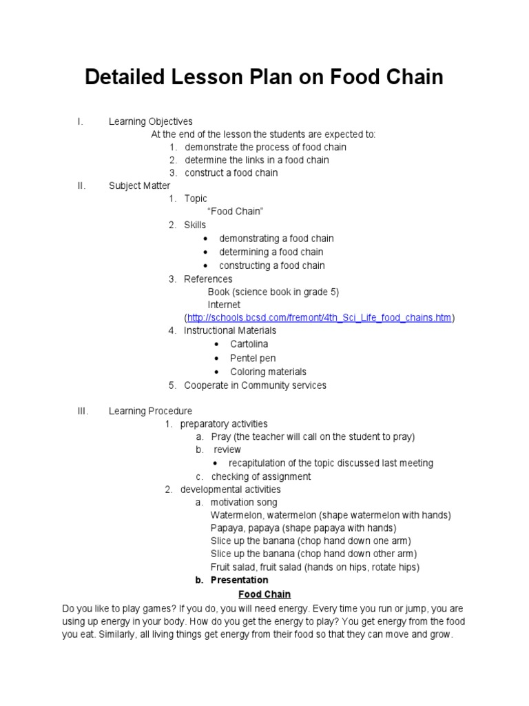 Grade 4 Food Chain Lesson Plan | PDF | Foods | Plants