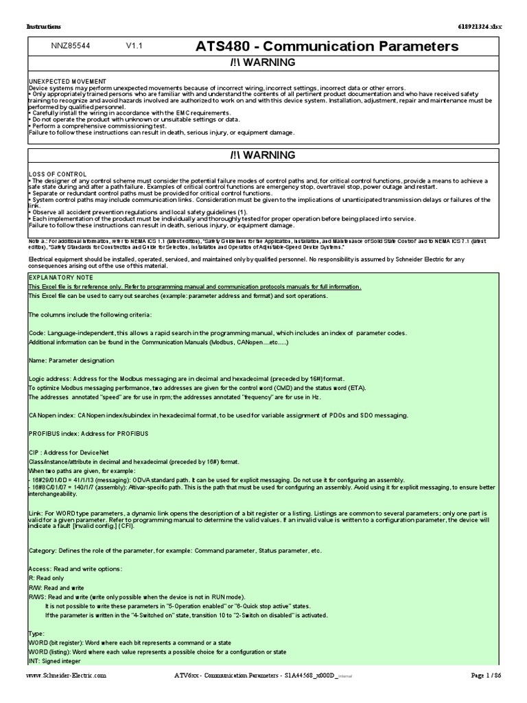 ATS480 Communication Parameters NNZ85544 V1.1 | PDF | Electrical ...