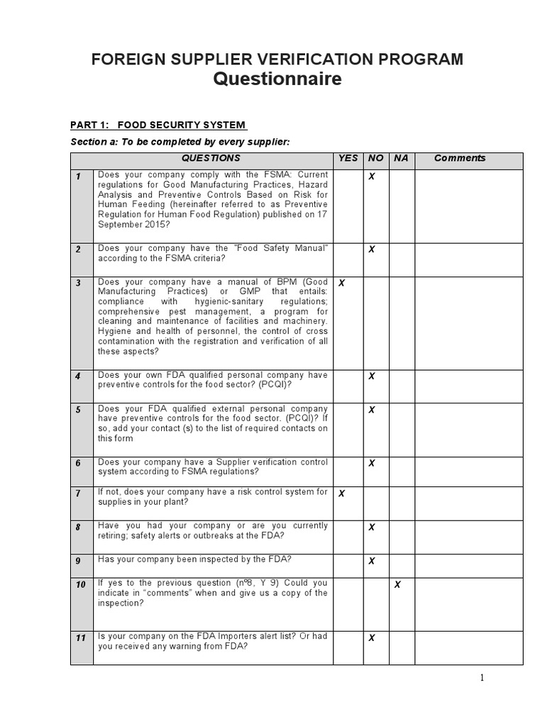 Foreign Supplier Verification Program Questionnaire | PDF