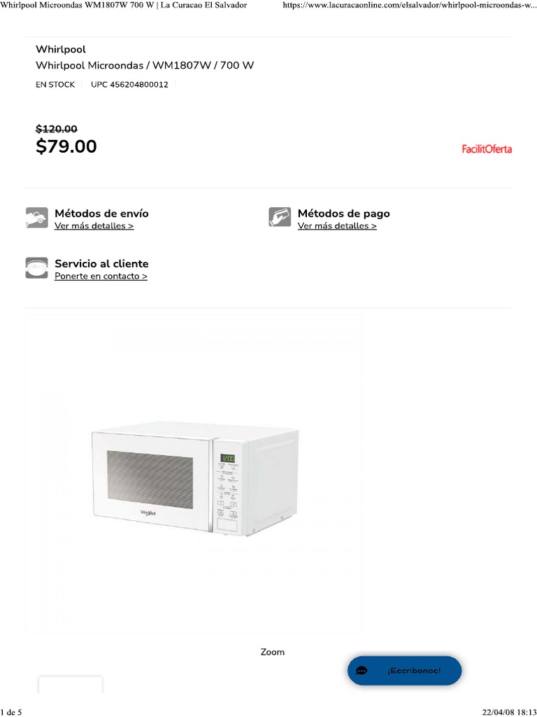Whirlpool Microondas WM1807W 700 W _ La Curacao El Salvador | PDF