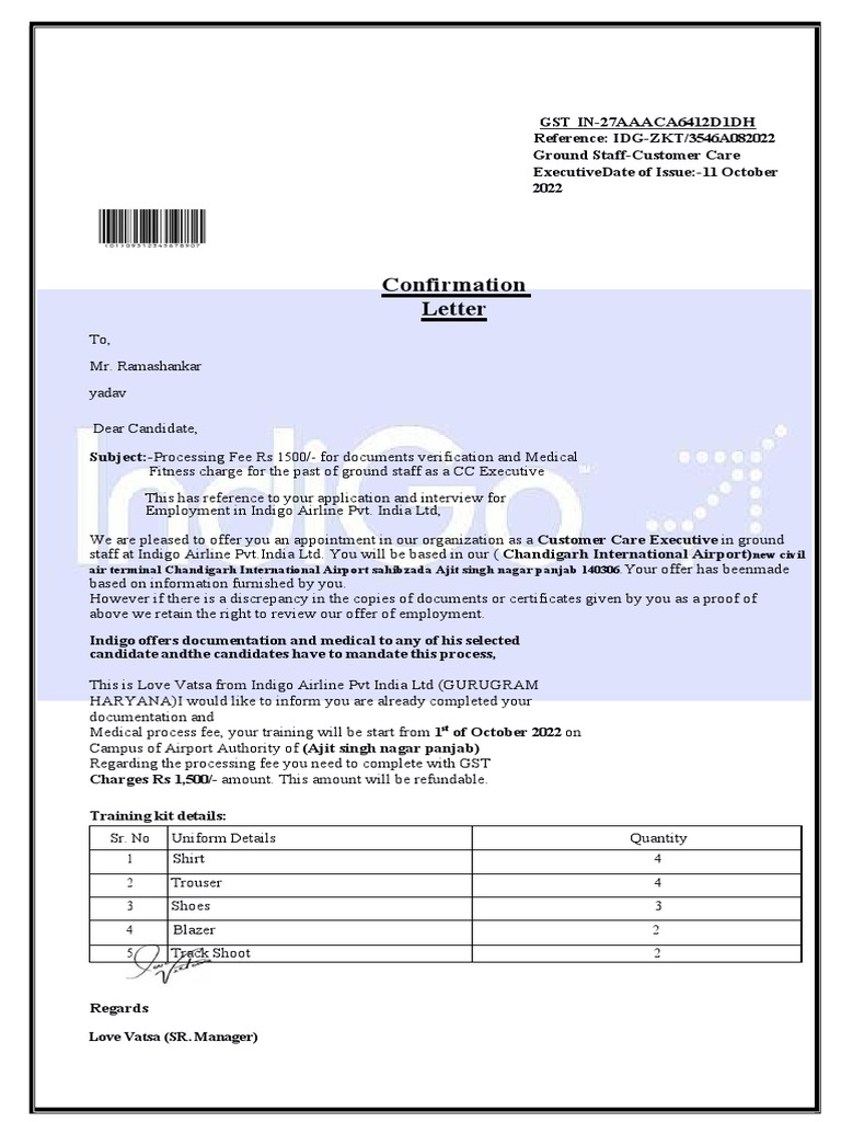 Indigo Airlines Ground Staff Offer Letter | PDF