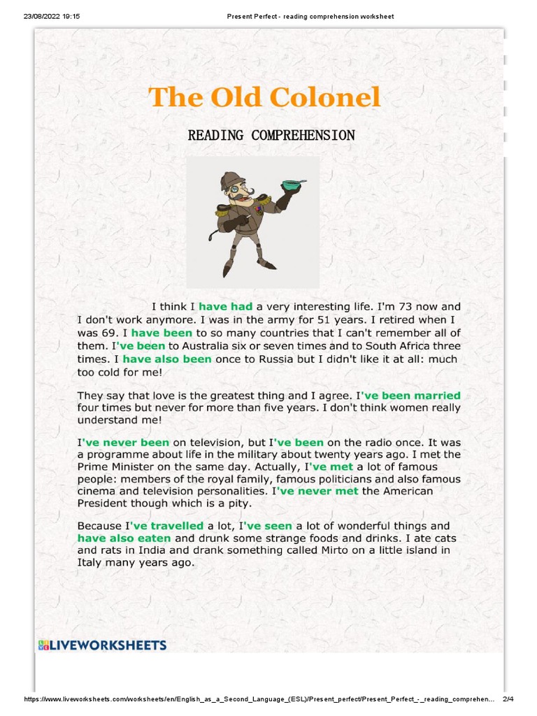 Present Perfect - Reading Comprehension Worksheet | PDF