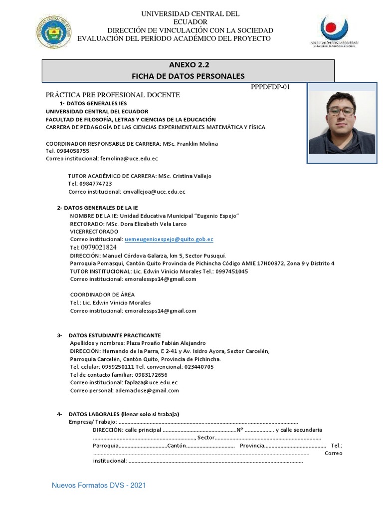 Datos personales y laborales del estudiante practicante Fabián Alejandro Plaza Proaño en la ...