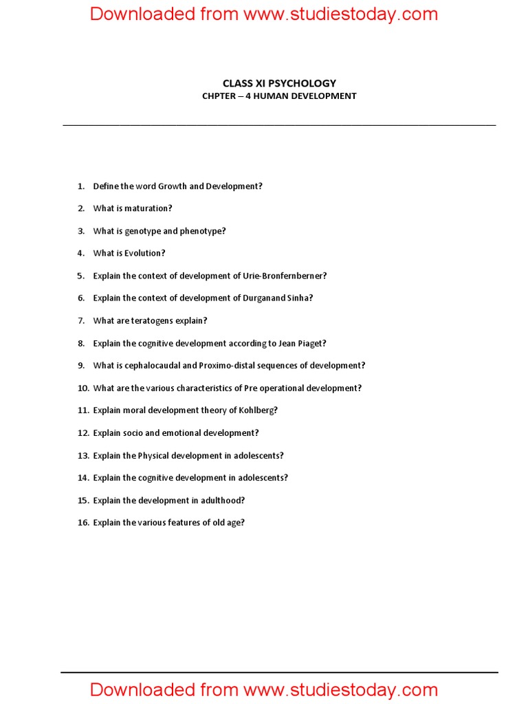 CBSE Class 11 Psychology Human Development Worksheet Set A | PDF