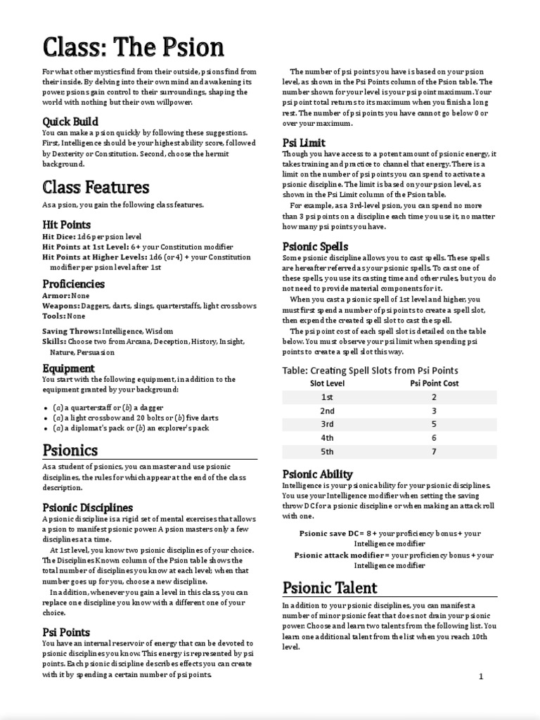 (Homebrew) Class - Psion | PDF