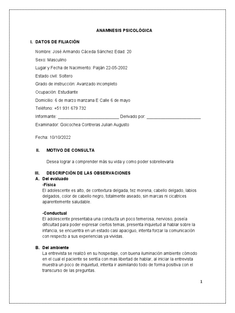 Anamnesis Psicológica de José | PDF