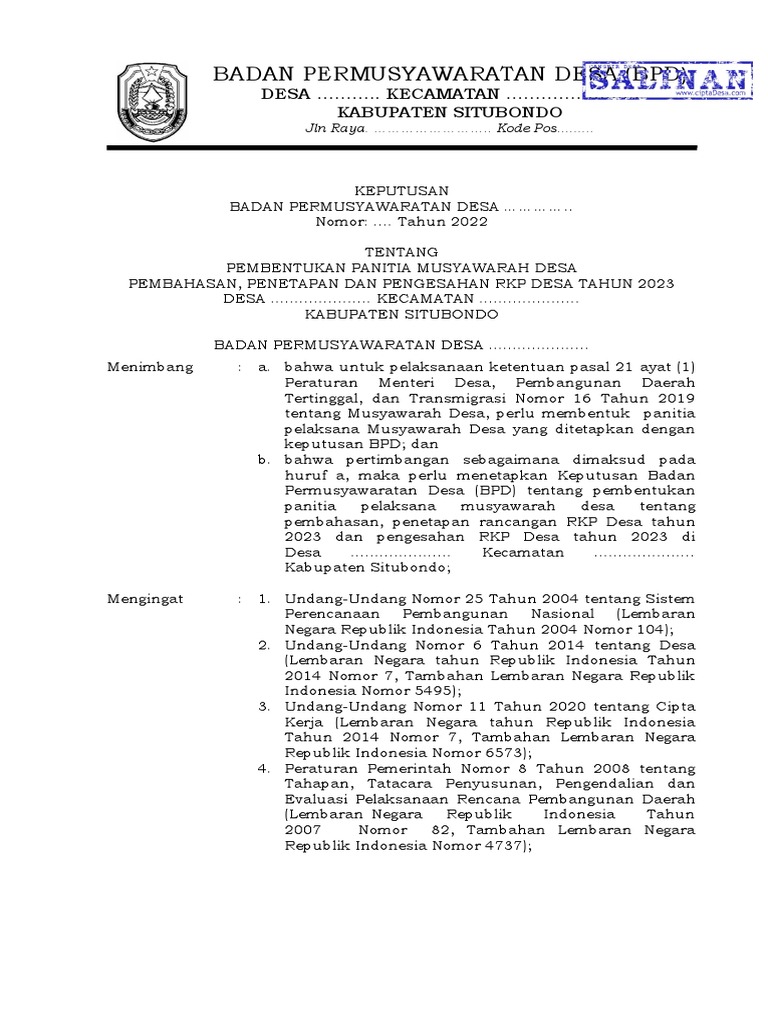 SK Panitia Musdes Pengesahan RKP Desa 2023 | PDF