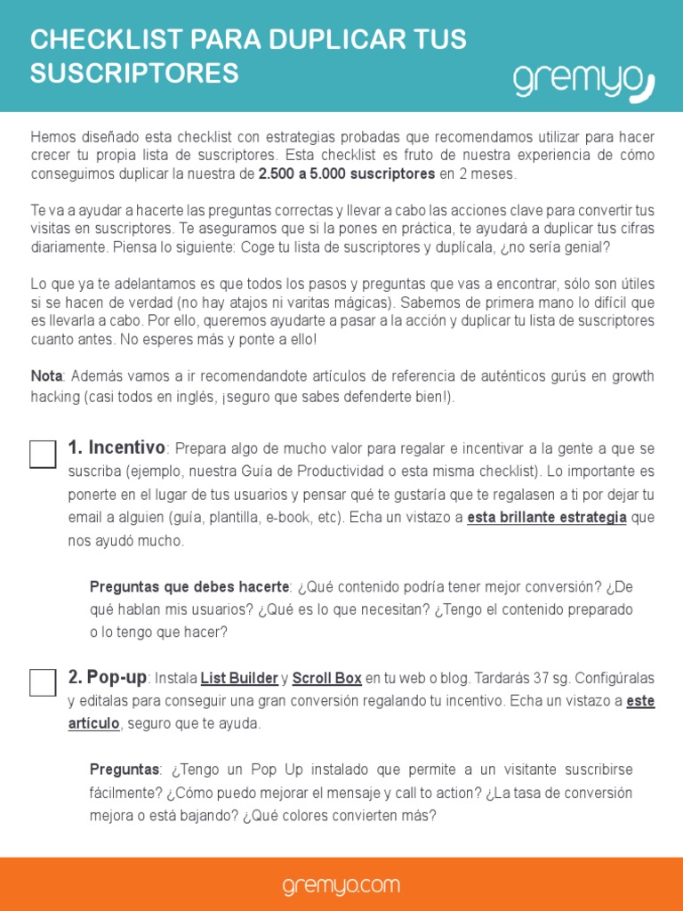 Checklist para Duplicar Suscriptores | PDF | Blog