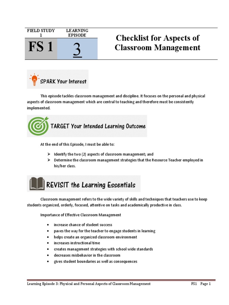 FIELD STUDY 1 E3 Checklist of Aspects of Classroom Management | PDF | Classroom Management ...