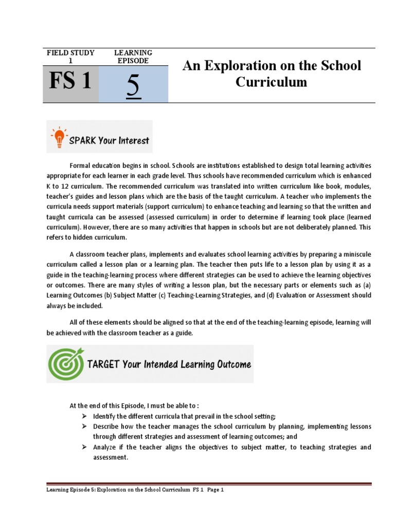 FIELD STUDY 1 E5 Exploration On The School Curriculum | PDF ...