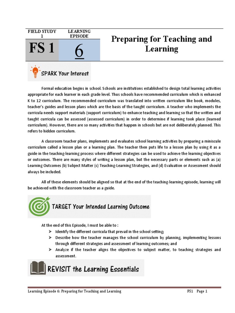 FIELD STUDY 1 E6 Preparing For Teaching and Learning | PDF | Curriculum ...