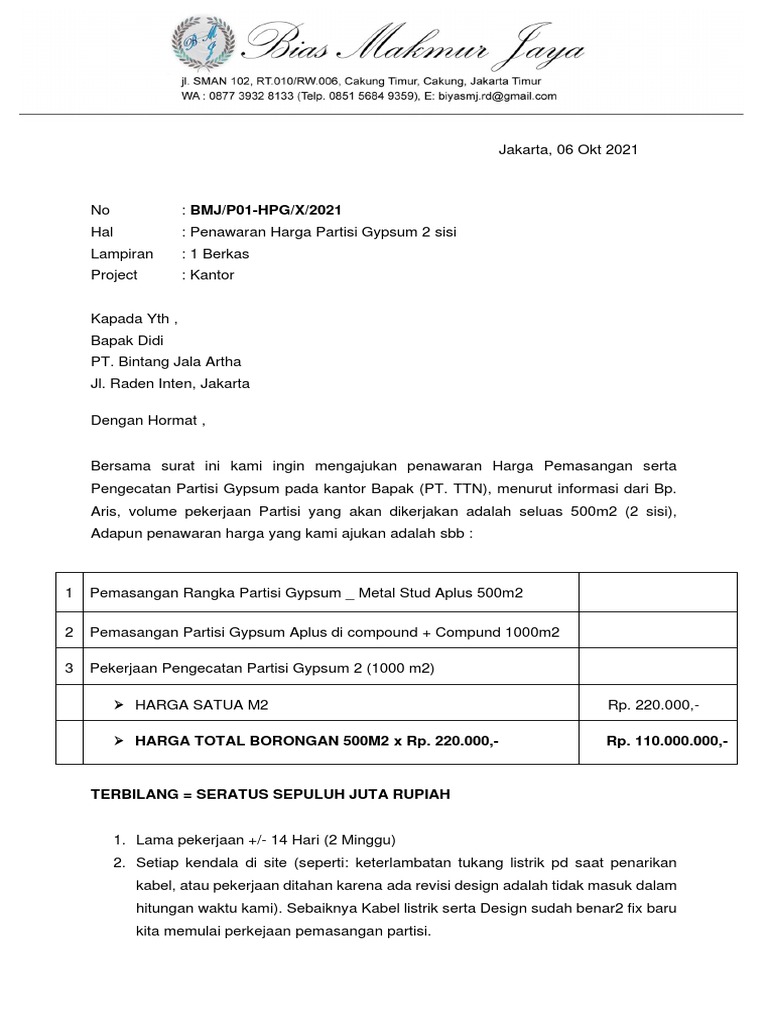 Surat Penawaran Harga Partisi+Cat | PDF