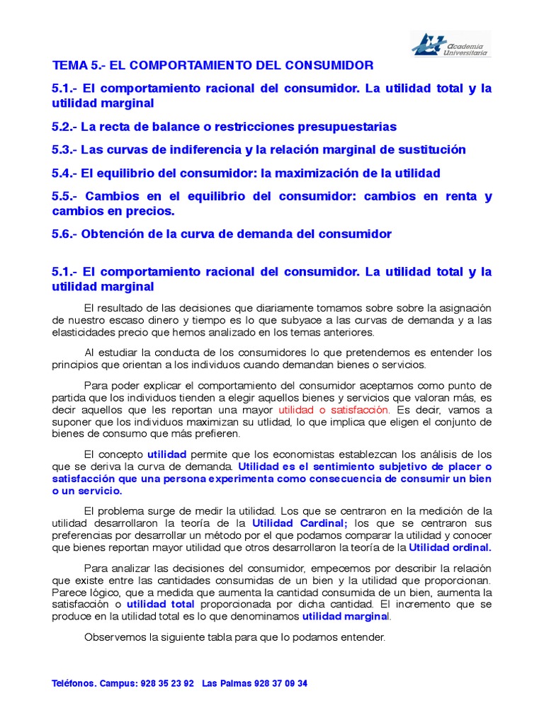 Tema 5 El Comportamiento Del Consumidor | PDF | Utilidad marginal | Utilidad