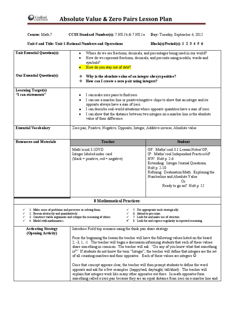 7.NS.1ab Absolute Value and Zero Pairs Lesson | PDF | Numbers | Teachers