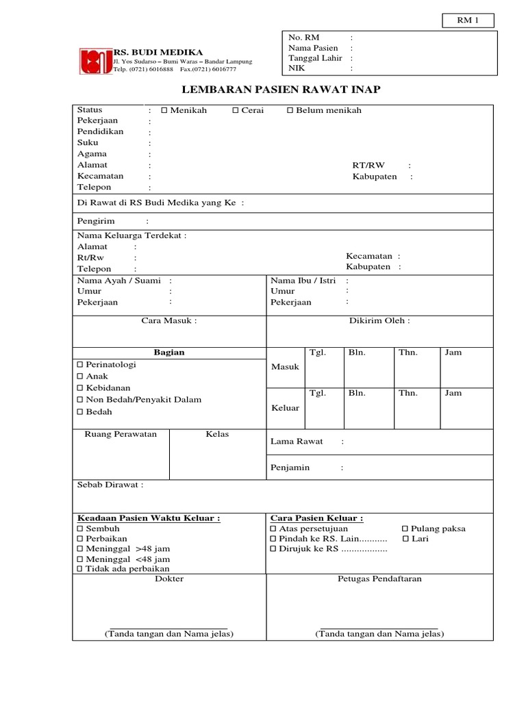 RM 1 - Lembar Pasien Masuk Rawat Inap | PDF
